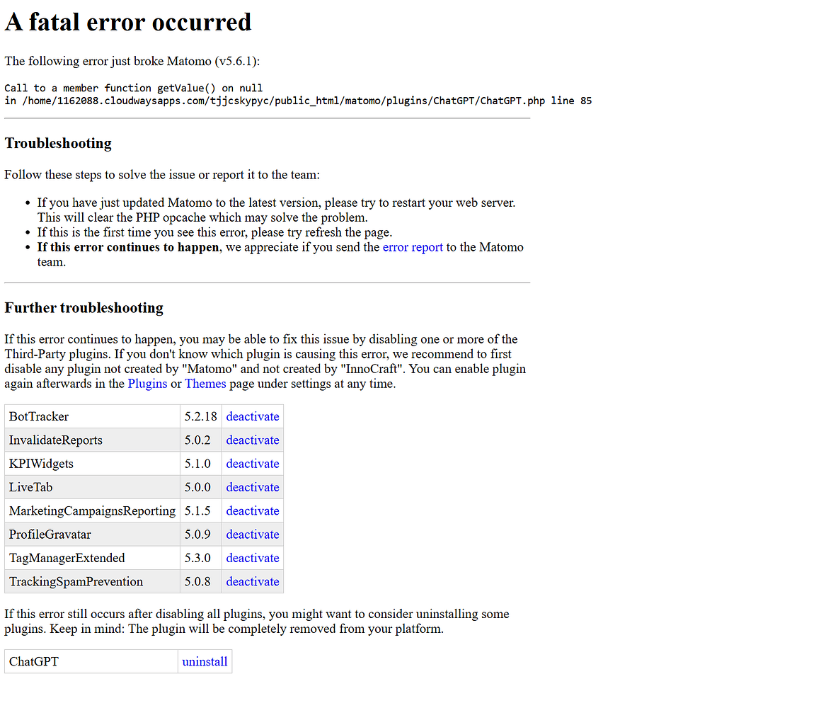 Error: WARNING: /plugins/ChatGPT/ChatGPT.php(85): Warning - Undefined ...
