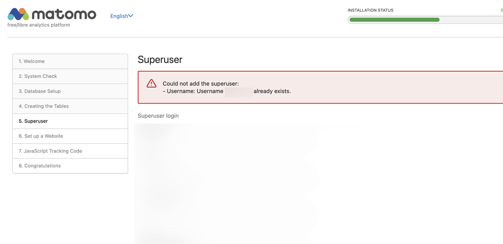 Unable to install, stuck at the step of adding a super administrator ... Unable to install, stuck at the step of adding a super administrator ...