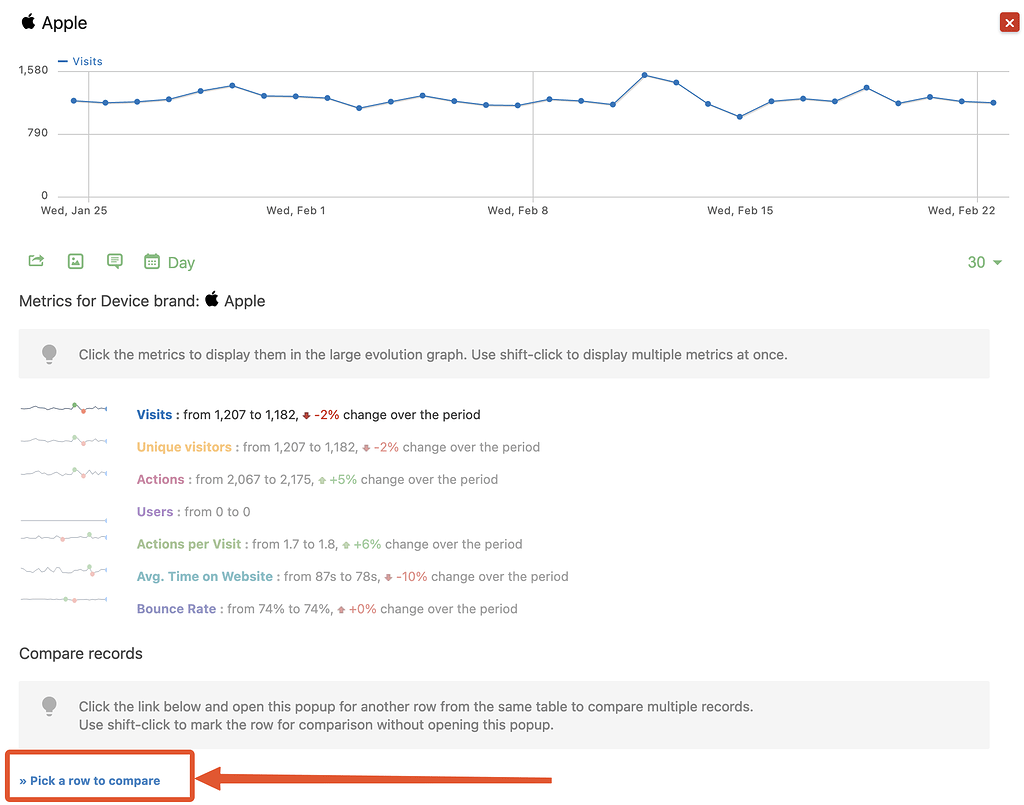 "Pick a row to compare" close the popup - Support & Bugs - Matomo forums