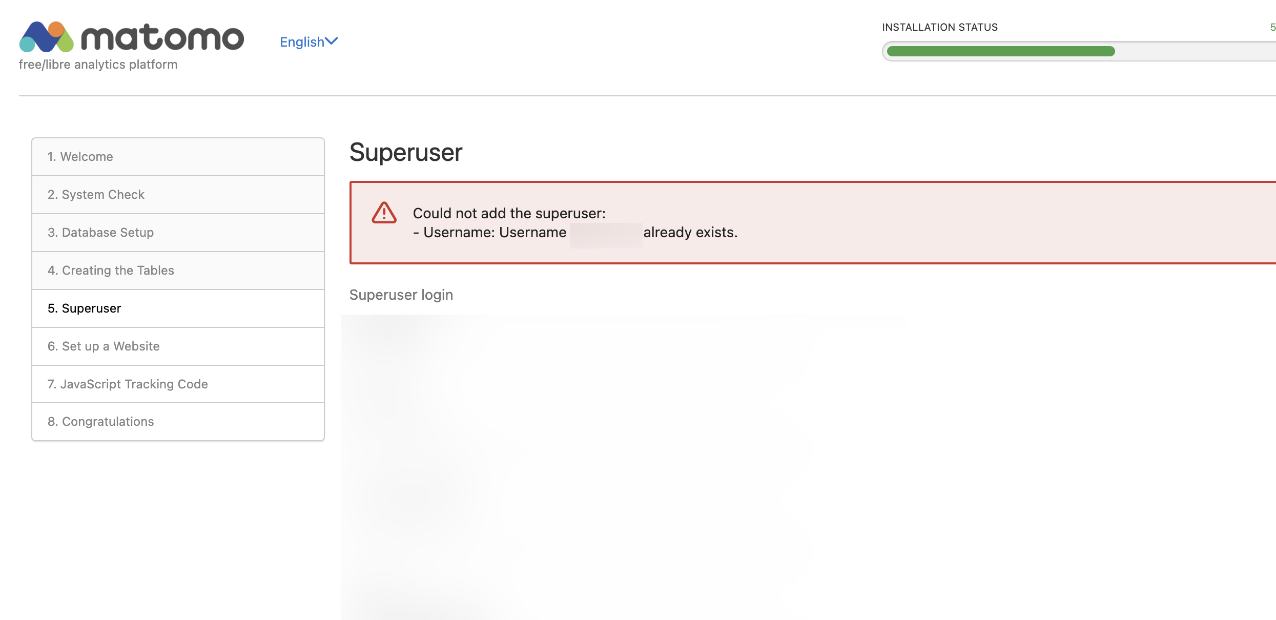 Unable to install, stuck at the step of adding a super administrator - Support & Bugs - Matomo ...
